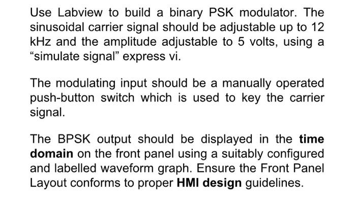 Use Labview to build a binary PSK modulator. The | Chegg.com