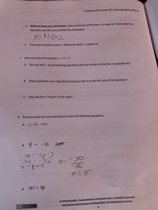 Solved Fundamentals Lesson 24: Linear Equations (Part 2 D. | Chegg.com
