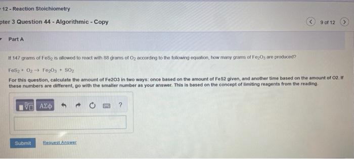Solved - 12 - Reaction Stoichiometry pter 3 Question 44 - | Chegg.com Solved - 12 - Reaction Stoichiometry pter 3 Question 44 - | Chegg.com