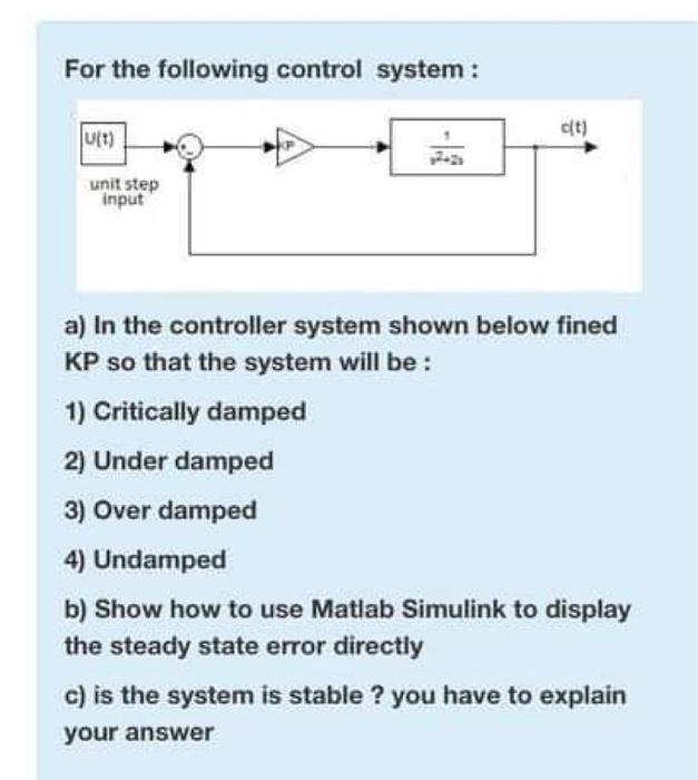 Solved For the following control system : a) In the | Chegg.com