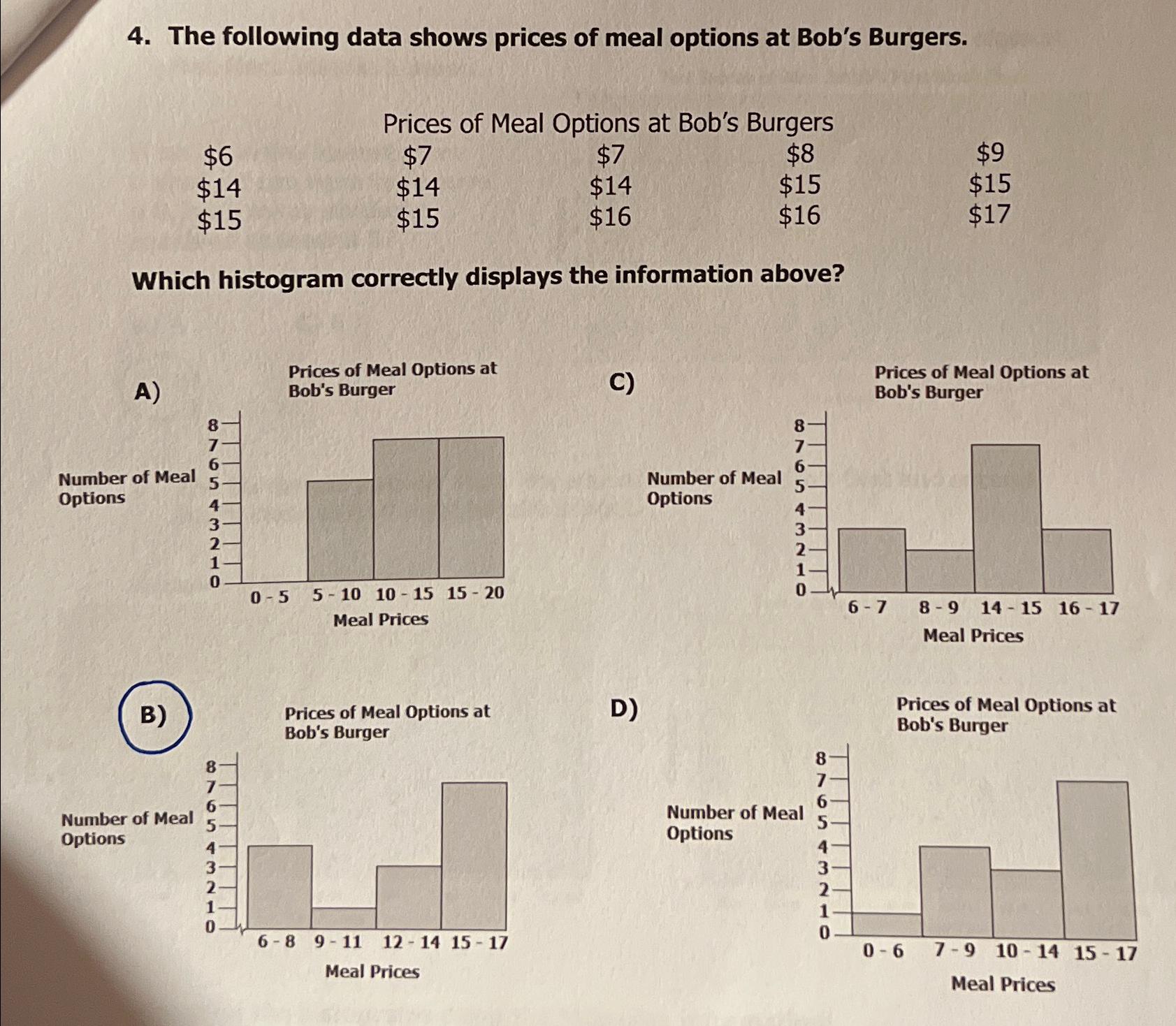 Solved The following data shows prices of meal options at | Chegg.com