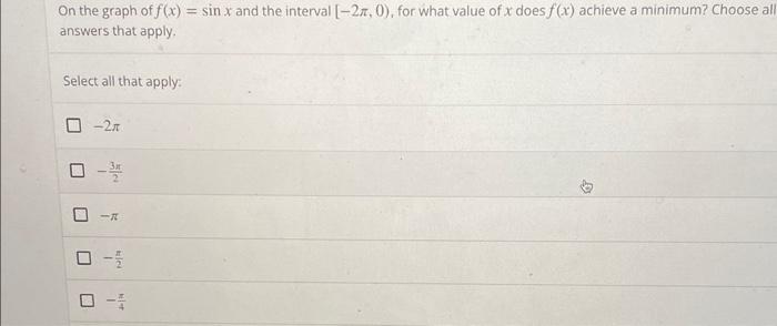 Solved On the graph of f(x)=sinx and the interval [−2π,0), | Chegg.com