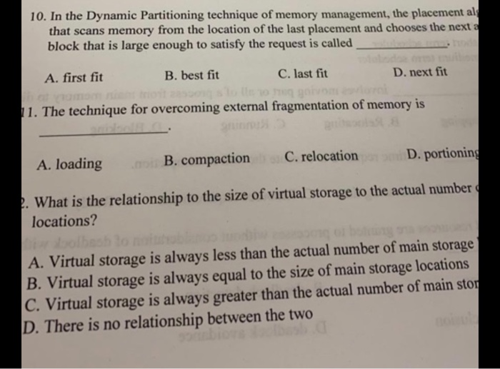 Solved 10. In the Dynamic Partitioning technique of memory | Chegg.com