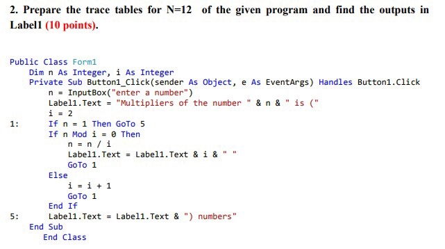 Solved 2. Prepare the trace tables for N=12 of the given | Chegg.com