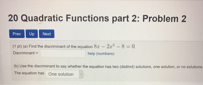 Solved 20 Quadratic Functions part 2: Problem 2 Prev Up Next | Chegg.com