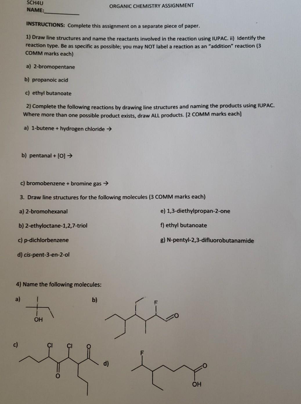 Solved SCH4U NAME: ORGANIC CHEMISTRY ASSIGNMENT | Chegg.com
