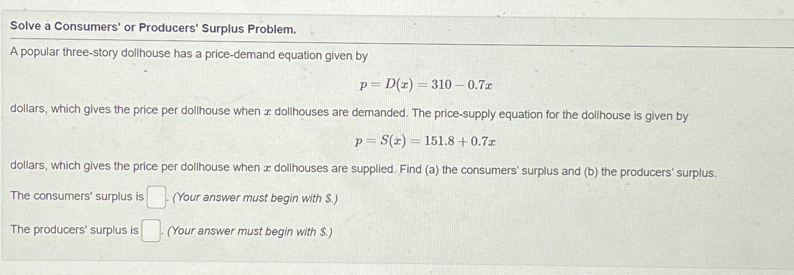 Solved Solve a Consumers' or Producers' Surplus Problem.A | Chegg.com