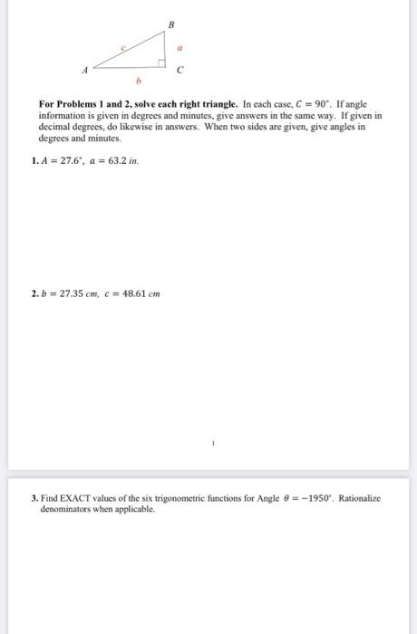 Solved 8 For Problems 1 and 2, solve each right triangle. In | Chegg.com