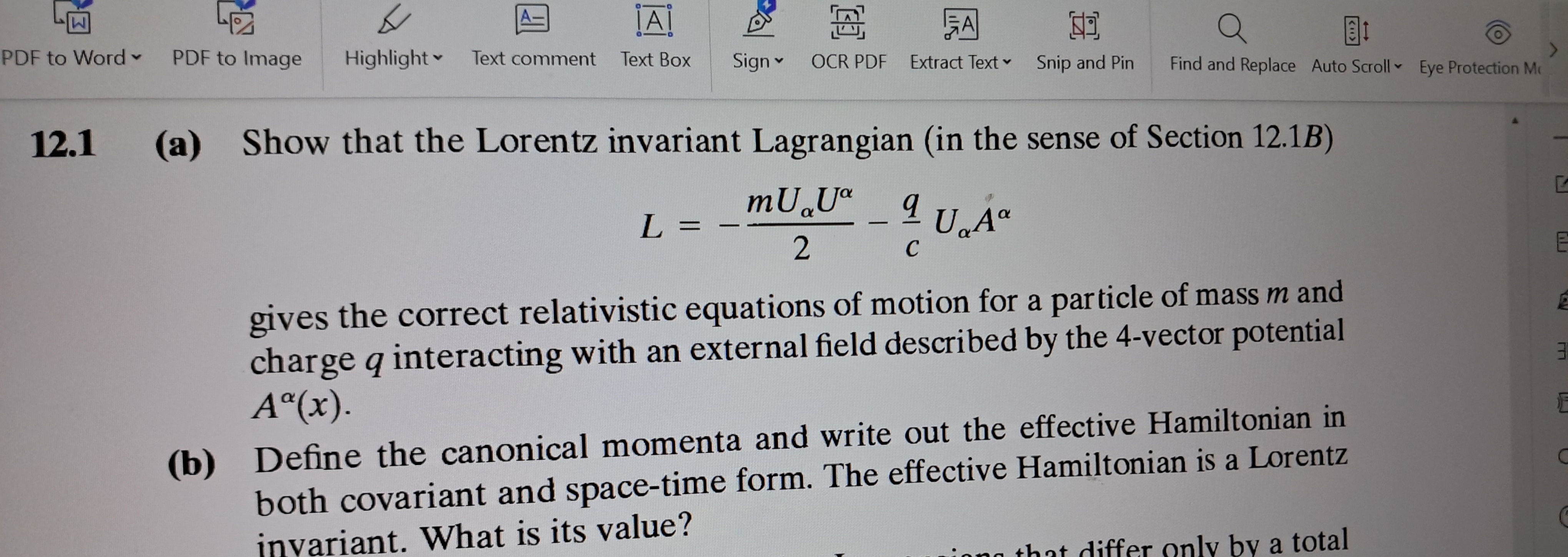 Solved 12.1 (a) ﻿Show that the Lorentz invariant Lagrangian | Chegg.com