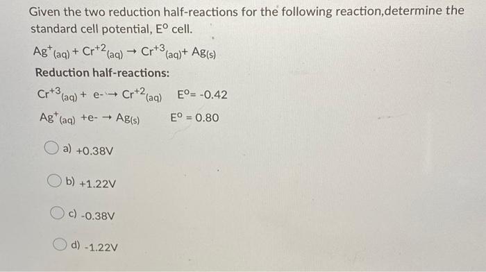 Solved Given the two reduction half-reactions for the | Chegg.com