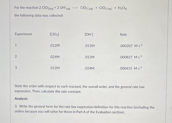 Solved For the reaction 2ClO2(aq)+2OH(aq)⋯ClO2(aaq)+ClO3 | Chegg.com