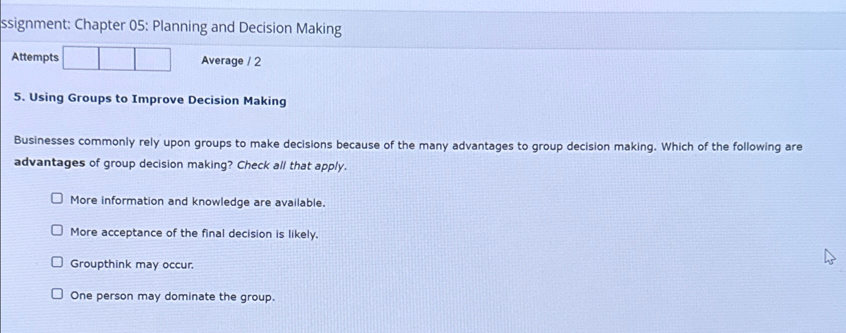 Solved ssignment: Chapter 05: Planning and Decision | Chegg.com