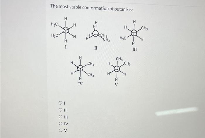 Solved The most stable conformation of butane is: | Chegg.com