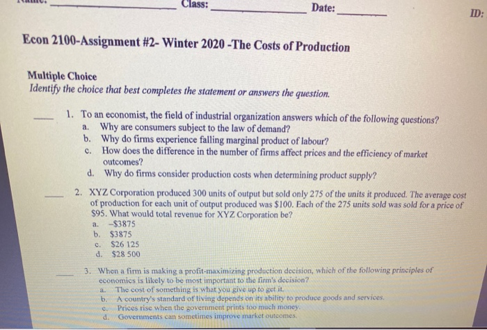 Solved Class: Date: Econ 2100-Assignment #2- Winter 2020 - | Chegg.com
