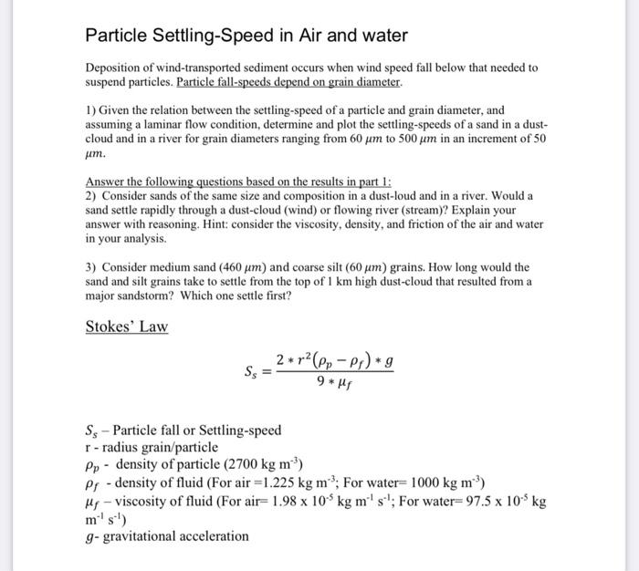 Solved 1) Given the relation between the settling-speed of a | Chegg.com