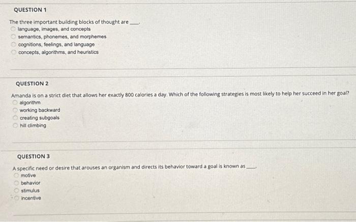 Solved The three important building blocks of thought are | Chegg.com