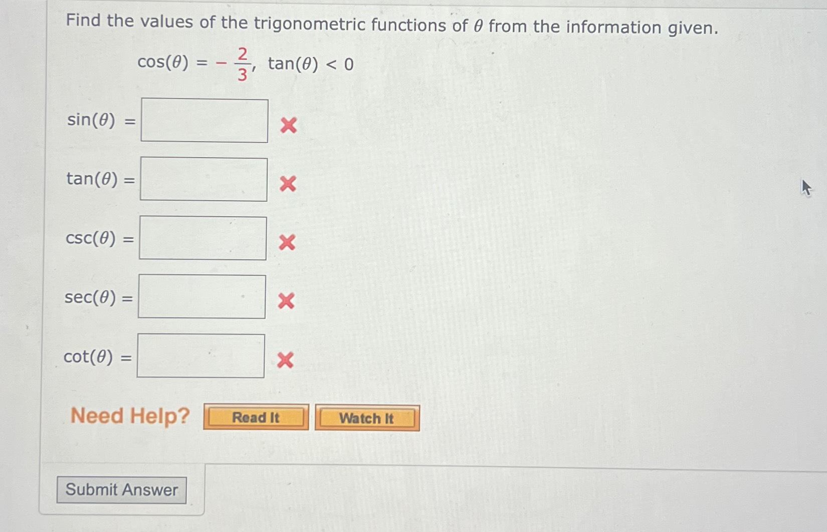 Solved Find the values of the trigonometric functions of θ | Chegg.com