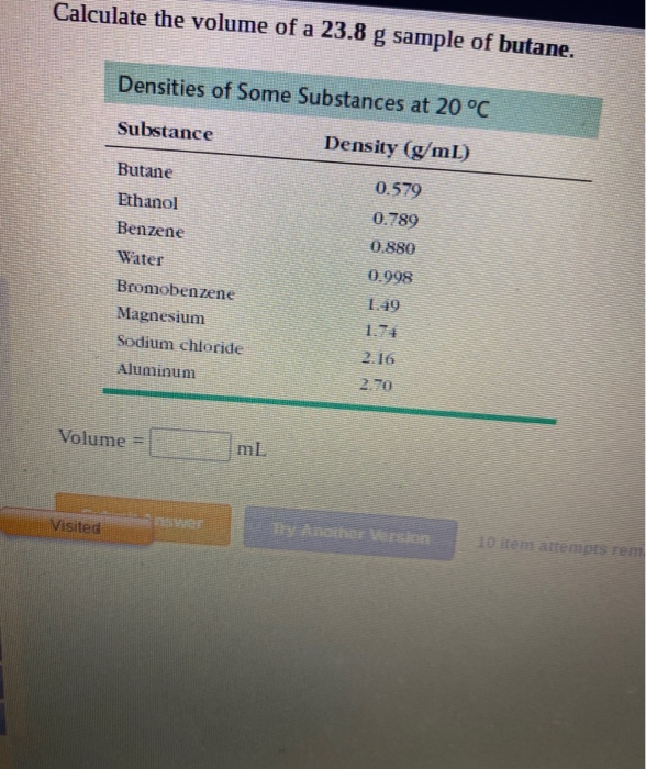 Solved Calculate the volume of a 23.8 g sample of butane. | Chegg.com