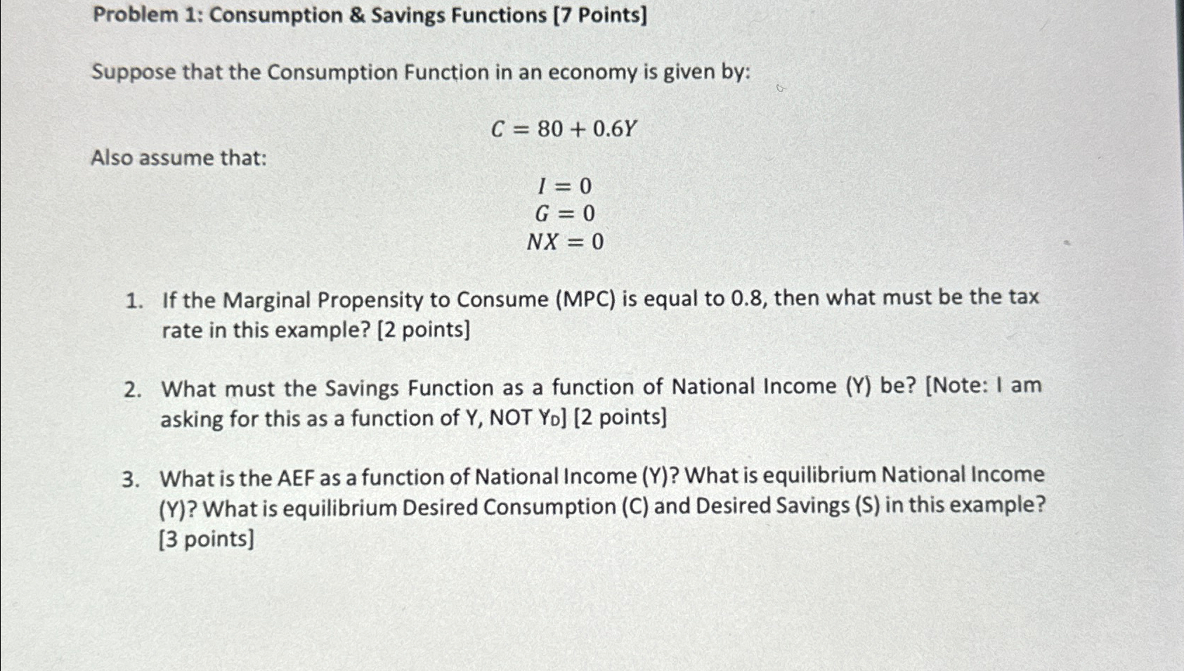 Solved Problem 1: Consumption & Savings Functions [7 | Chegg.com