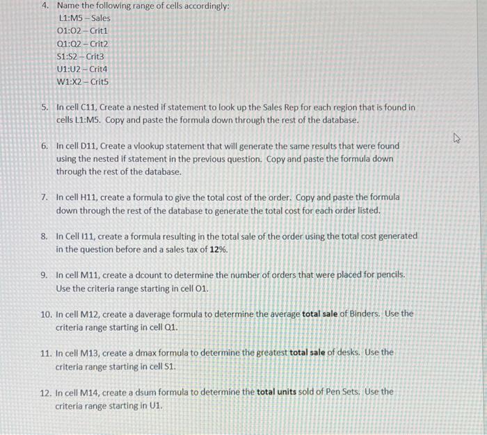 Solved 4. Name the following range of cells accordingly: | Chegg.com
