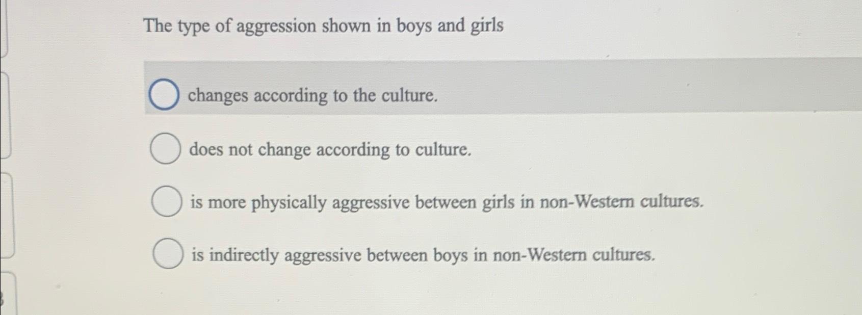 Solved The type of aggression shown in boys and girlschanges | Chegg.com
