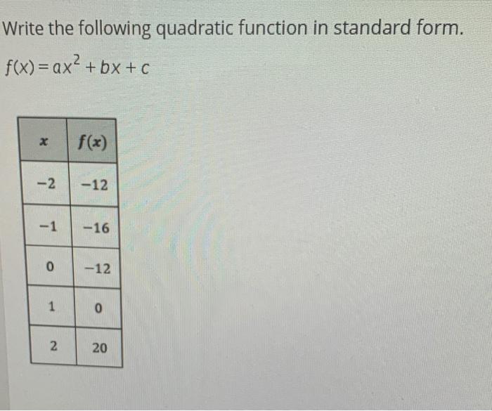 Solved Write the following quadratic function in standard | Chegg.com