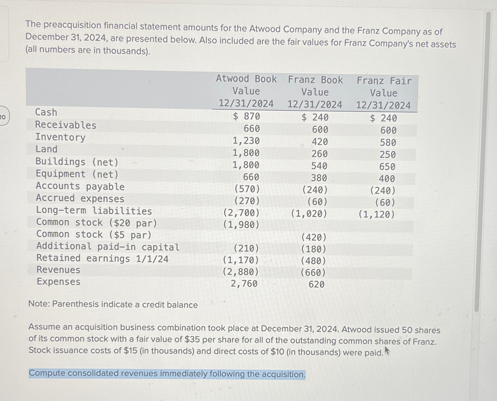 The preacquisition financial statement amounts for | Chegg.com
