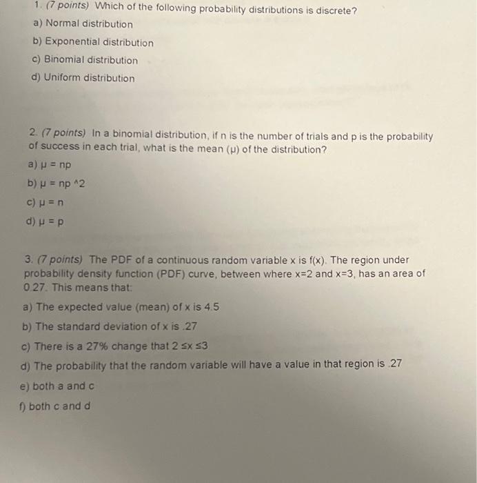 Solved 1. (7 points) Which of the following probability | Chegg.com