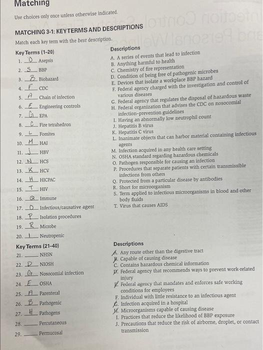 Solved Matching Use choices only once unless otherwise | Chegg.com