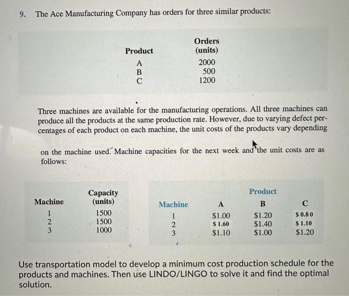 Solved 9. The Ace Manufacturing Company has orders for three | Chegg.com