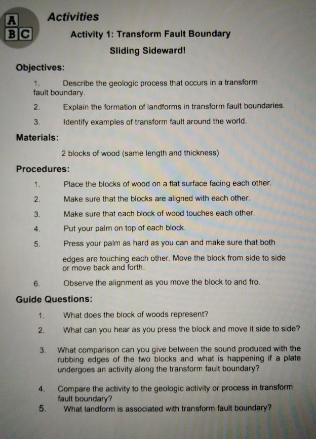 Solved A А Activities BC Activity 1: Transform Fault | Chegg.com