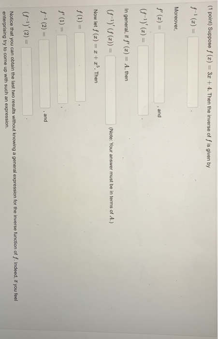 Solved (1 point) Suppose f (x) = 3x + 4. Then the inverse of | Chegg.com