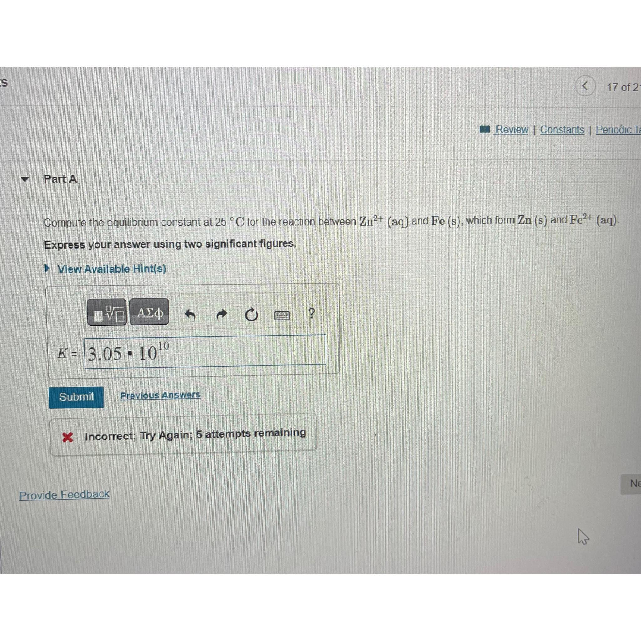 Solved 17 ﻿of 2Part ACompute the equilibrium constant at | Chegg.com