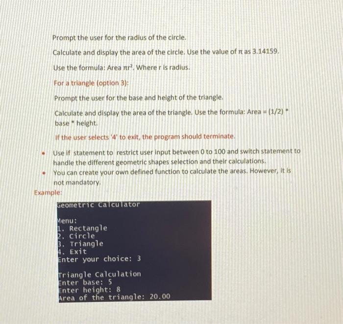 Solved 1. Geometric Calculator: write a C program that acts | Chegg.com