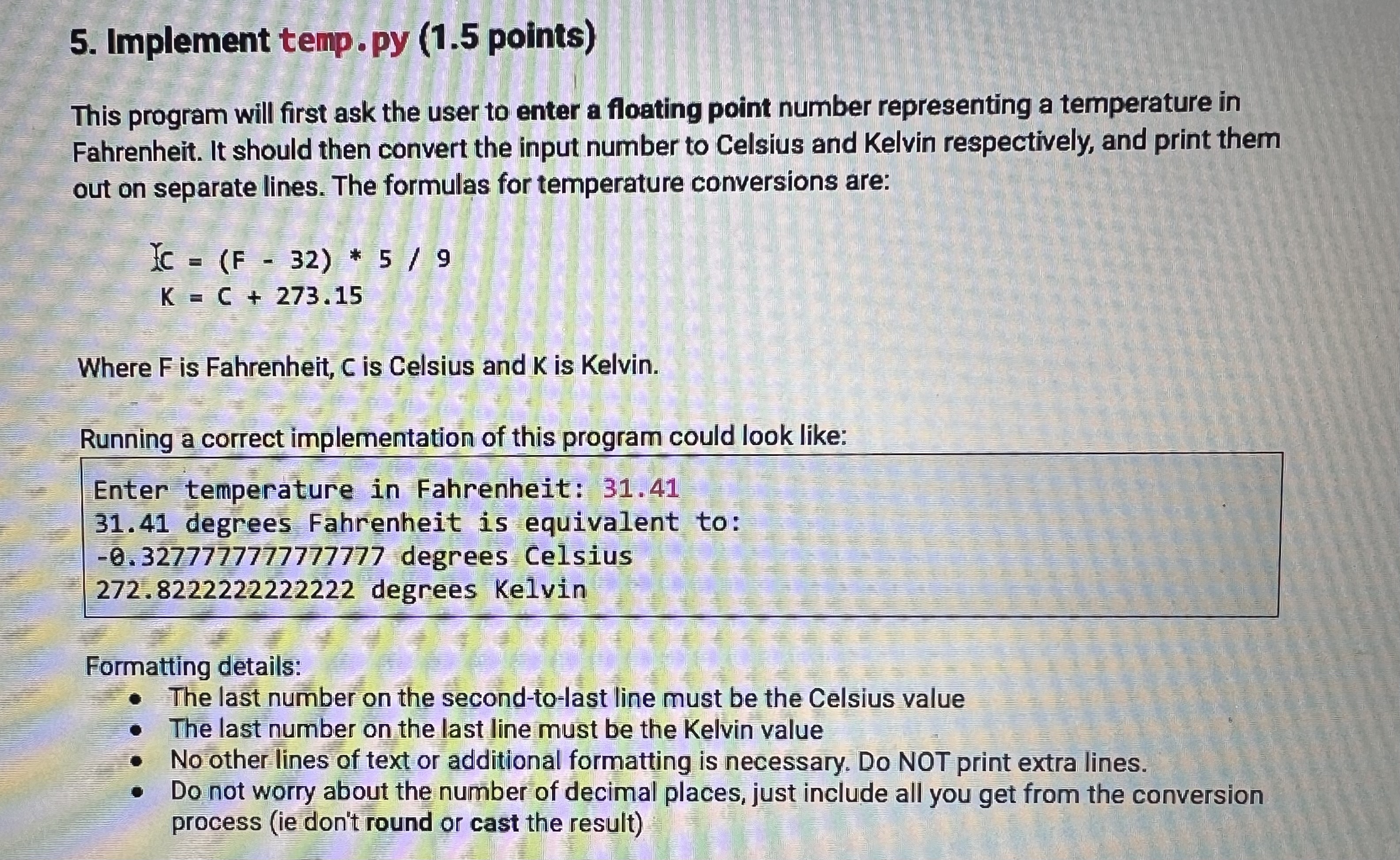 Solved Implement temp . ﻿py (1.5 ﻿points)This program will | Chegg.com