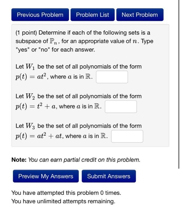Solved (1 point) Determine if each of the following sets is | Chegg.com