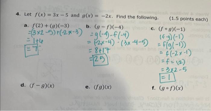 Solved 4. Let f(x)=3x−5 and g(x)=−2x. Find the following. | Chegg.com