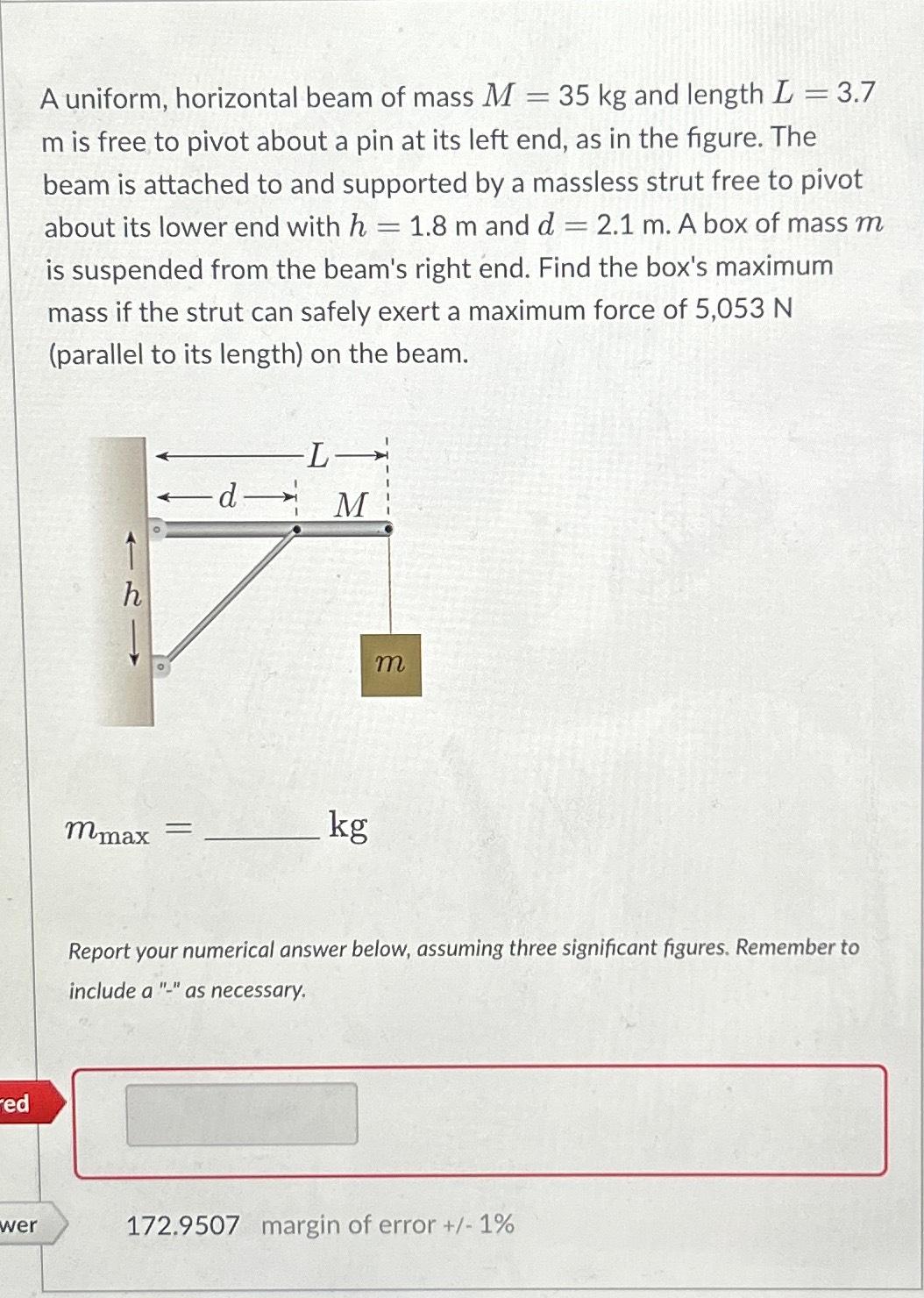 Solved A uniform, horizontal beam of mass M=35kg ﻿and length | Chegg.com