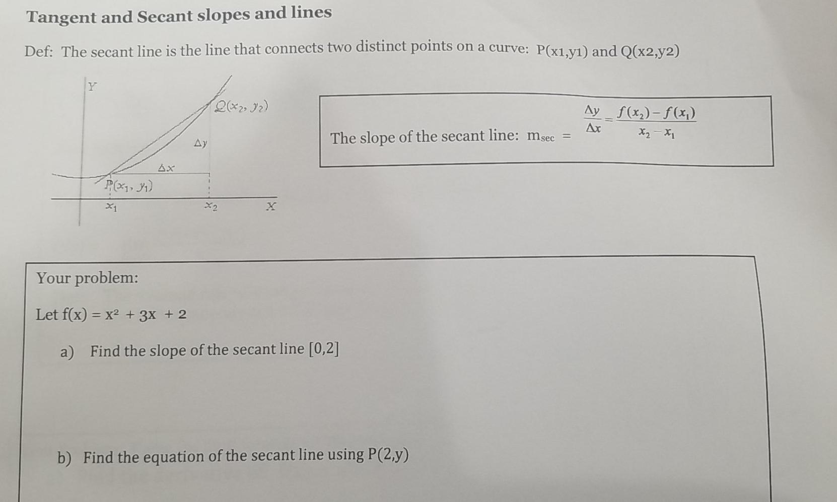 Solved Tangent and Secant slopes and lines Def: The secant | Chegg.com