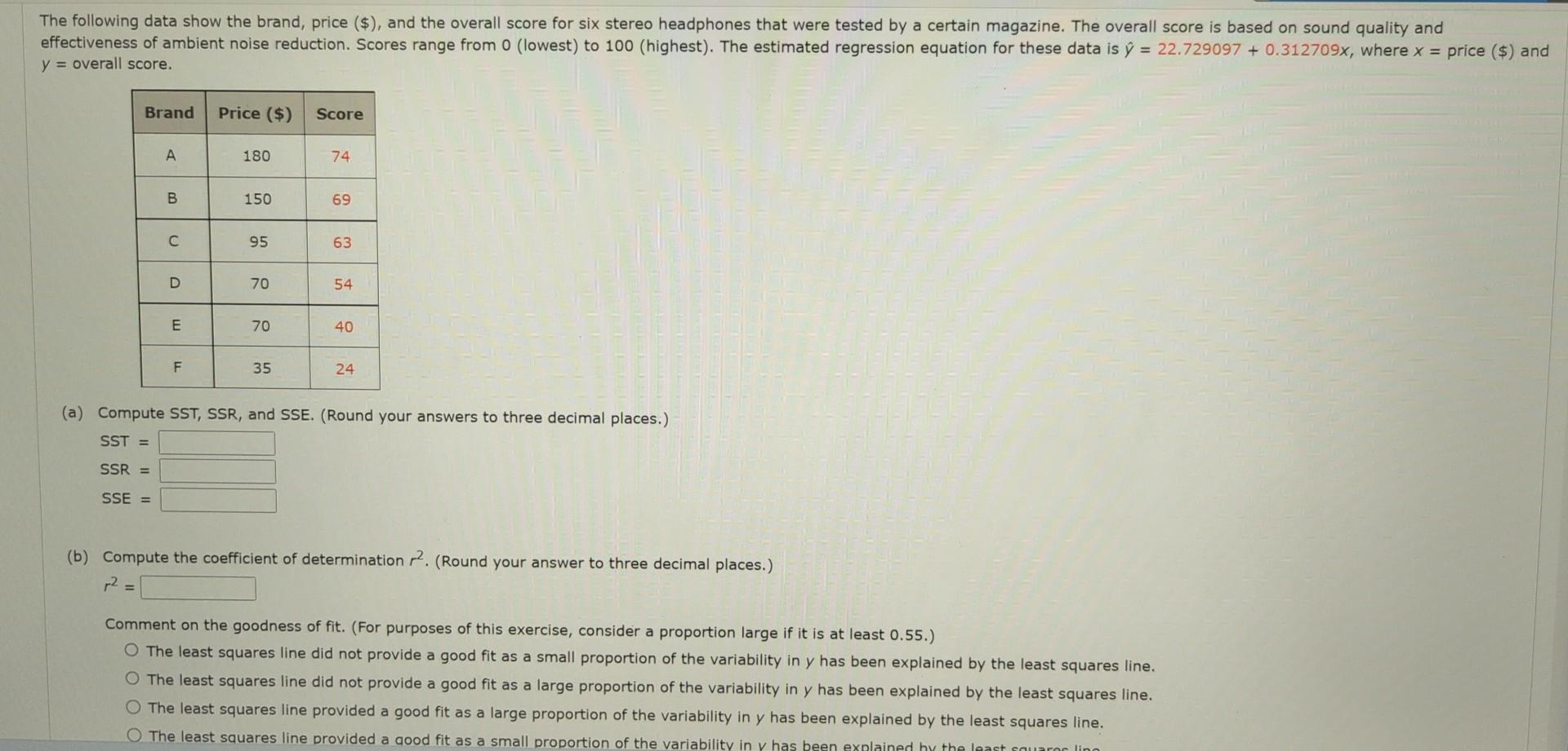 Solved y= overall score. (a) Compute SST, SSR, and SSE. | Chegg.com Solved y= overall score. (a) Compute SST, SSR, and SSE. | Chegg.com