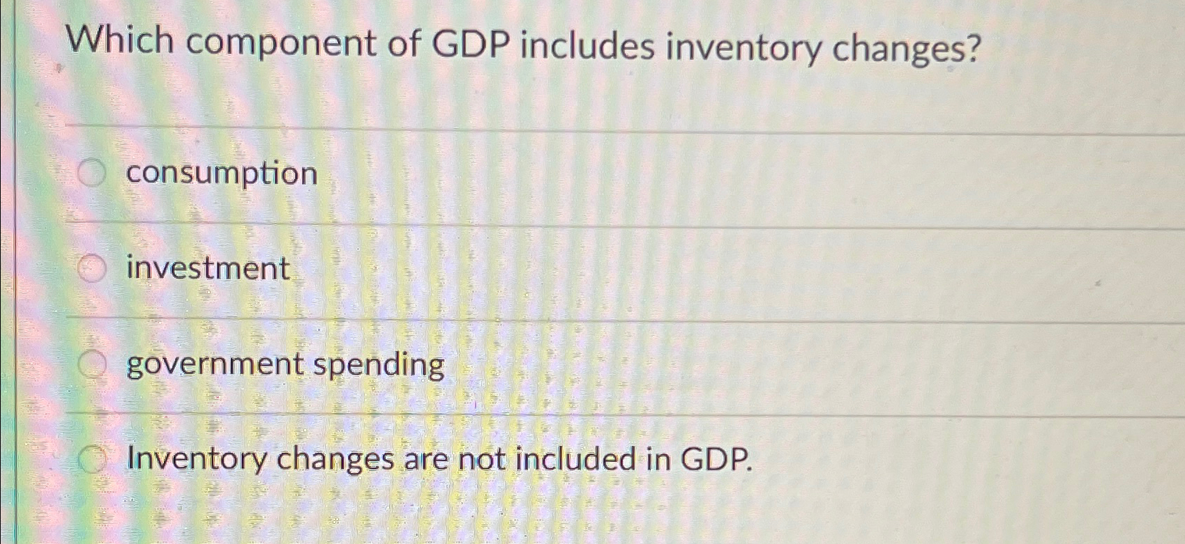 Solved Which component of GDP includes inventory | Chegg.com