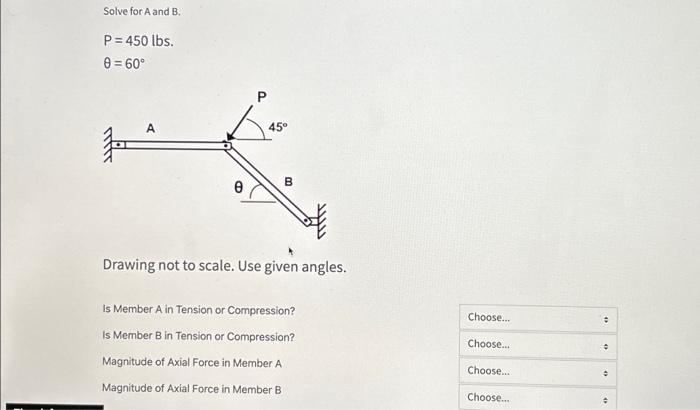 Solved Solve for A and B. P = 450 lbs. 0 = 60° A 1ª 0 P 45° | Chegg.com