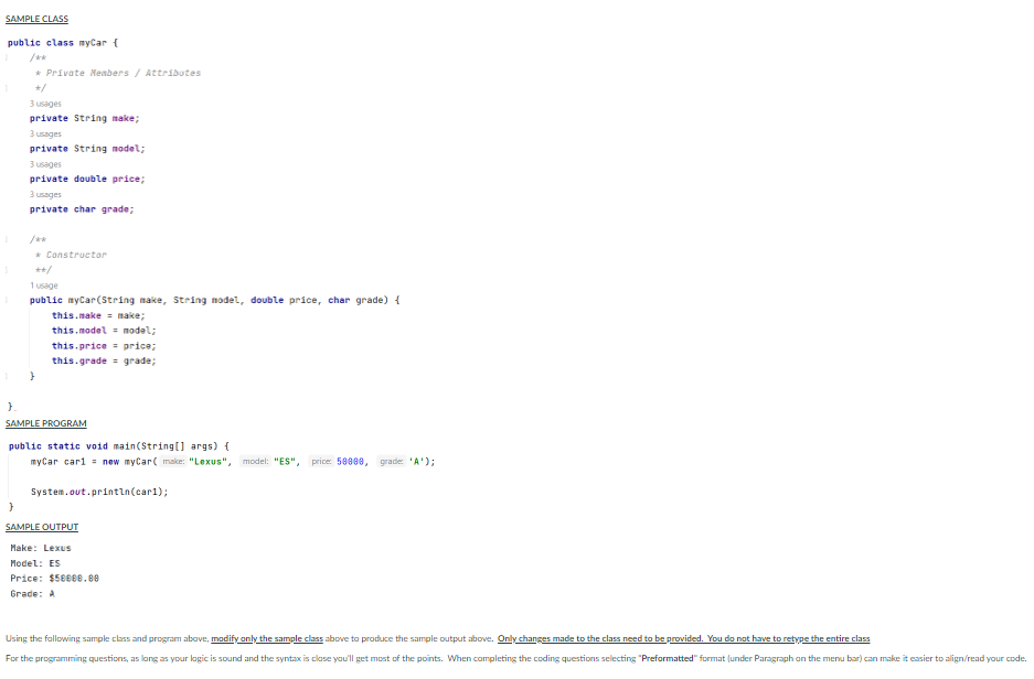 Solved SAMPLE CLASS/th */private String make;private | Chegg.com