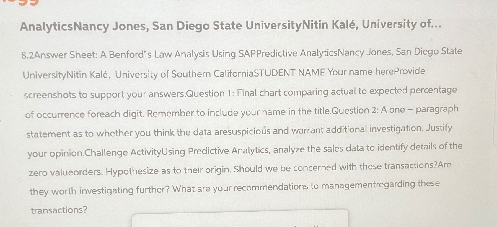 Solved AnalyticsNancy Jones, San Diego State UniversityNitin | Chegg.com
