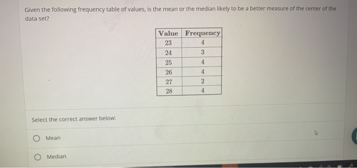 Solved Given the following frequency table of values, is the | Chegg.com