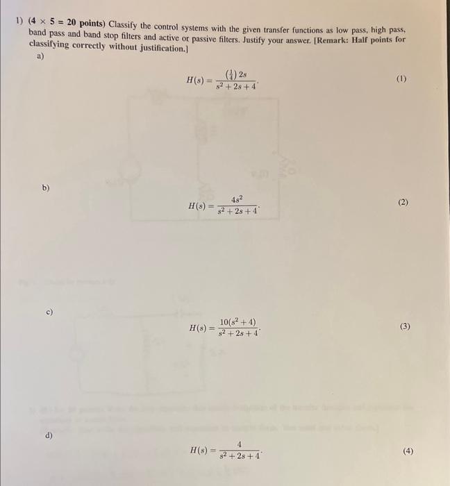 Solved 1) (4×5=20 points) Classify the control systems with | Chegg.com