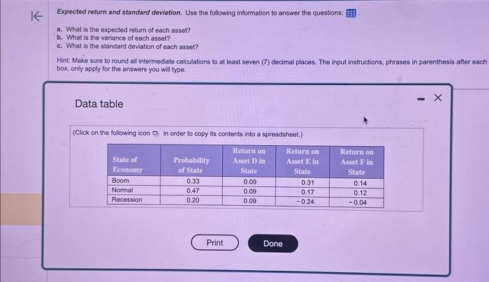 Solved Expected return and standard deviation. Use the | Chegg.com