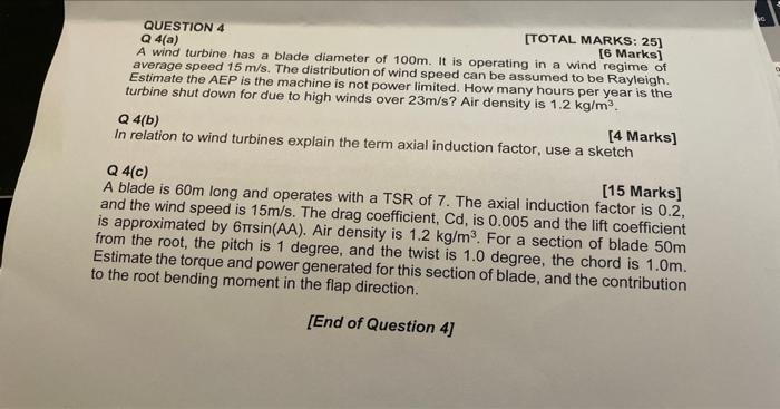 Solved QUESTION 4 [TOTAL MARKS: 25] [6 Marks] A wind turbine | Chegg.com