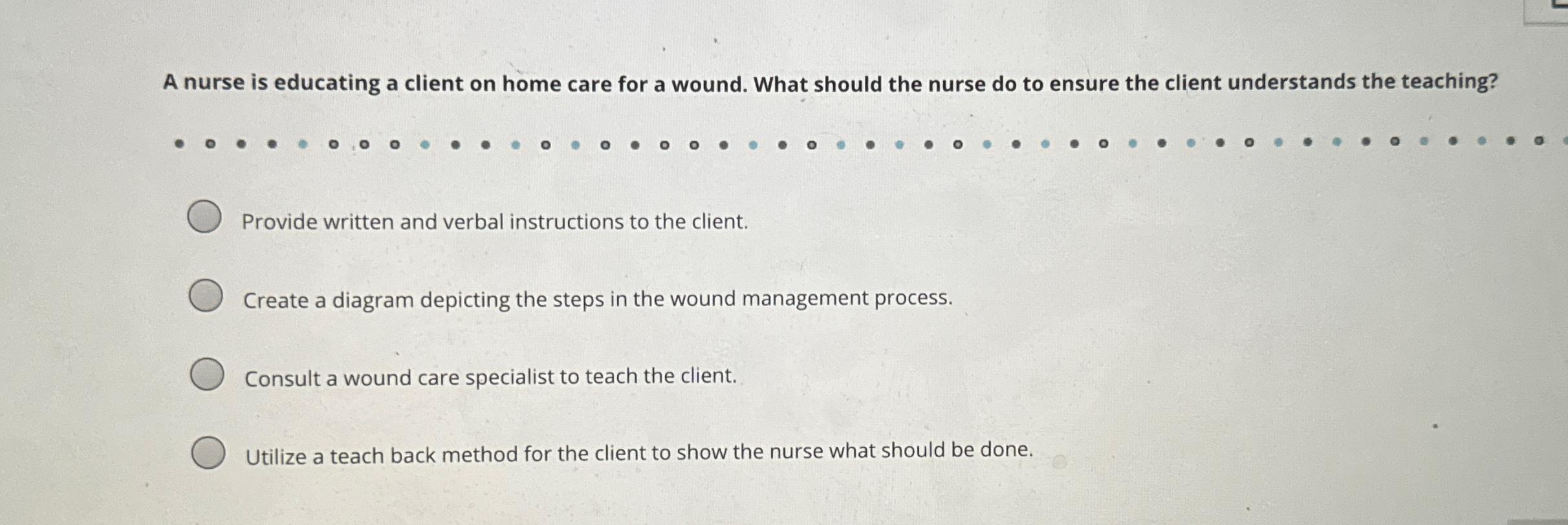 Solved A nurse is educating a client on home care for a | Chegg.com