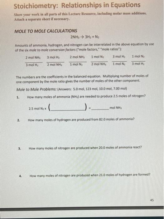 Solved Stoichiometry: Relationships in Equations Show your | Chegg.com